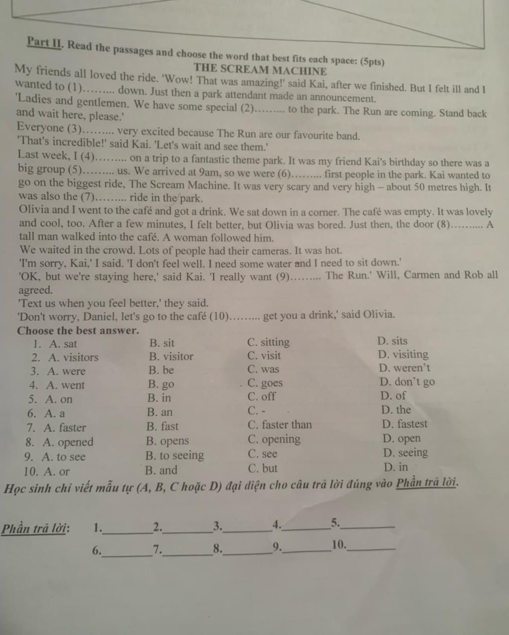 Part II. Read the passages and choose the word that best fits each ...