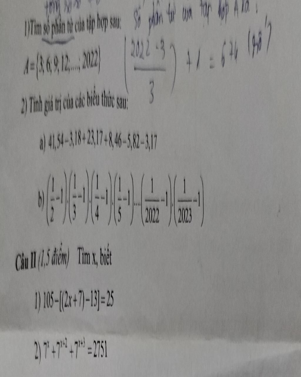 Illim số phân tử của tập hợp sau A=(3, 6,9. 12. 2022) 2) Tính giá trị ...