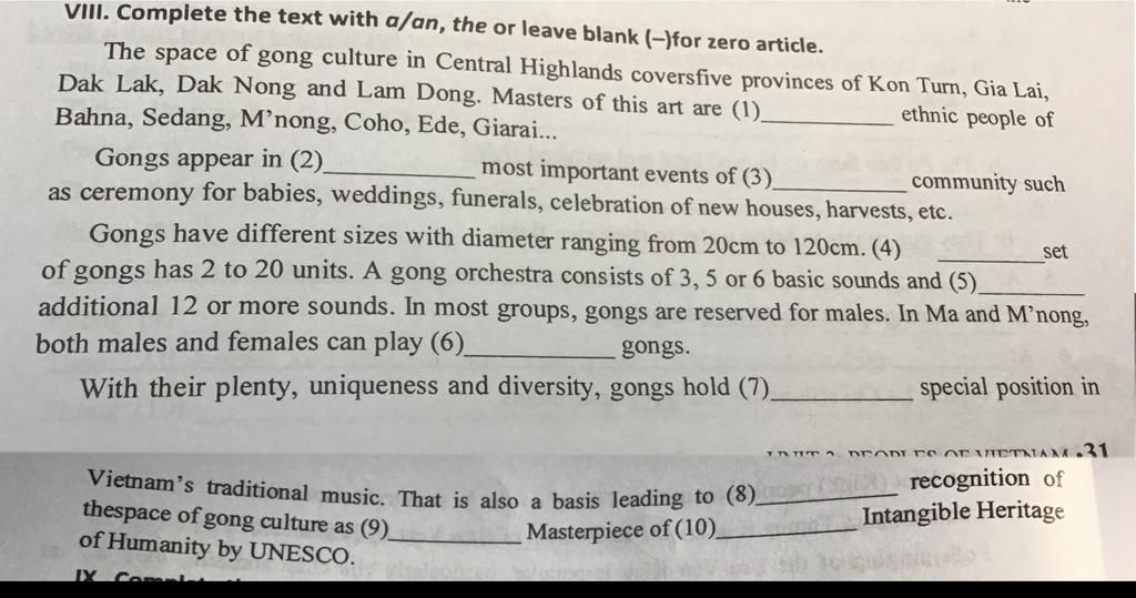 VIII. Complete the text with a/an, the or leave blank (-)for zero ...