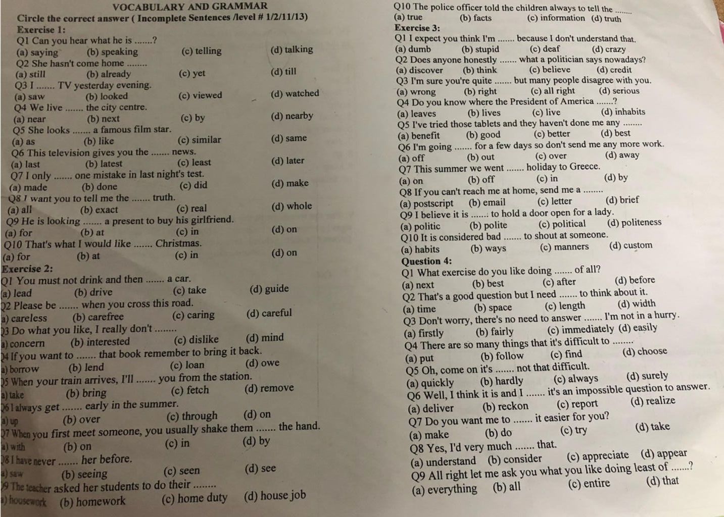 VOCABULARY AND GRAMMAR Circle the correct answer (Incomplete Sentences ...