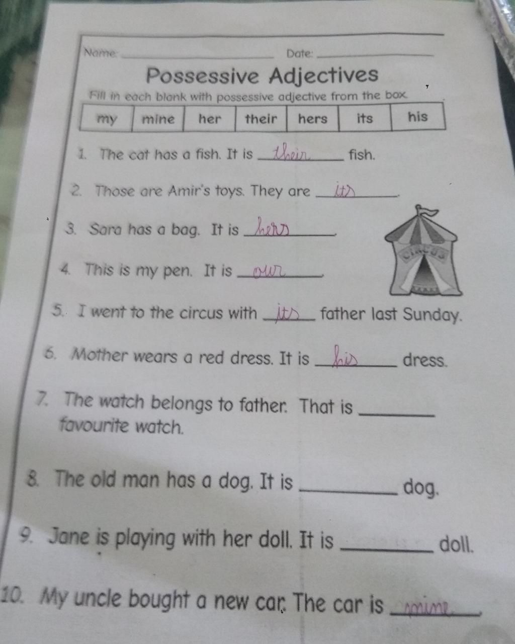 Name: Date: Possessive Adjectives Fill in each blonk with possessive adjective from the box my ...