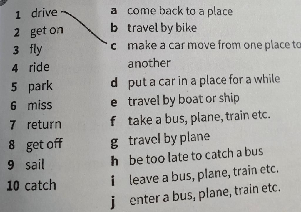 1 drive 2 get on 3 fly 4 ride park 5 6 miss 7 return get off 8 9 sail 10 catch a b travel by ...