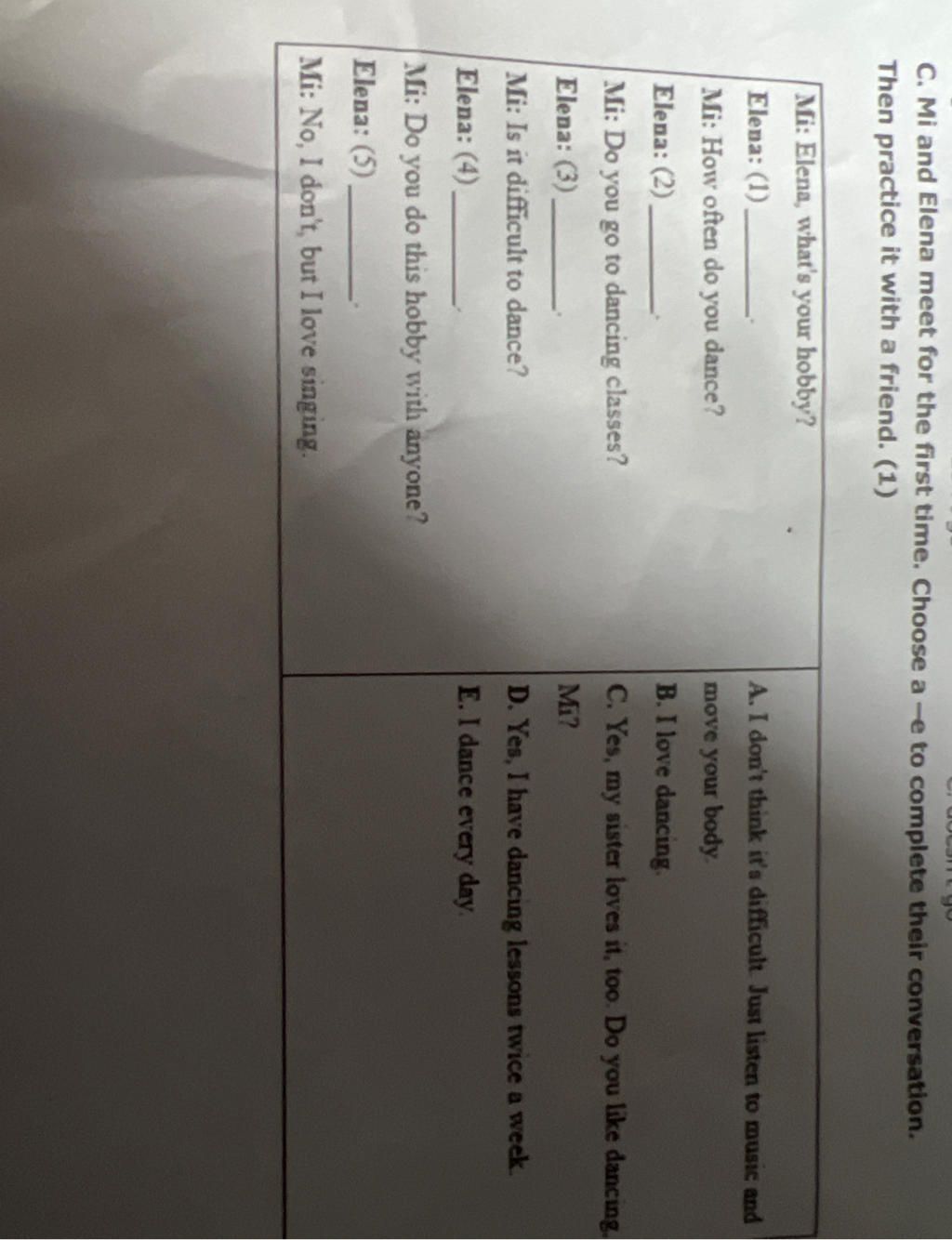 C. Mi and Elena meet for the first time. Choose a -e to complete their ...