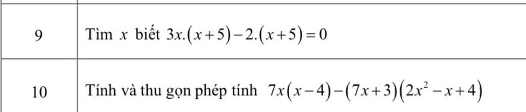 9 10 Tìm x biết 3x.(x+5)–2.(r+5)=0 Tính và thu gọn phép tính 7x(x−4)-(7x+3)(2x−x+4)