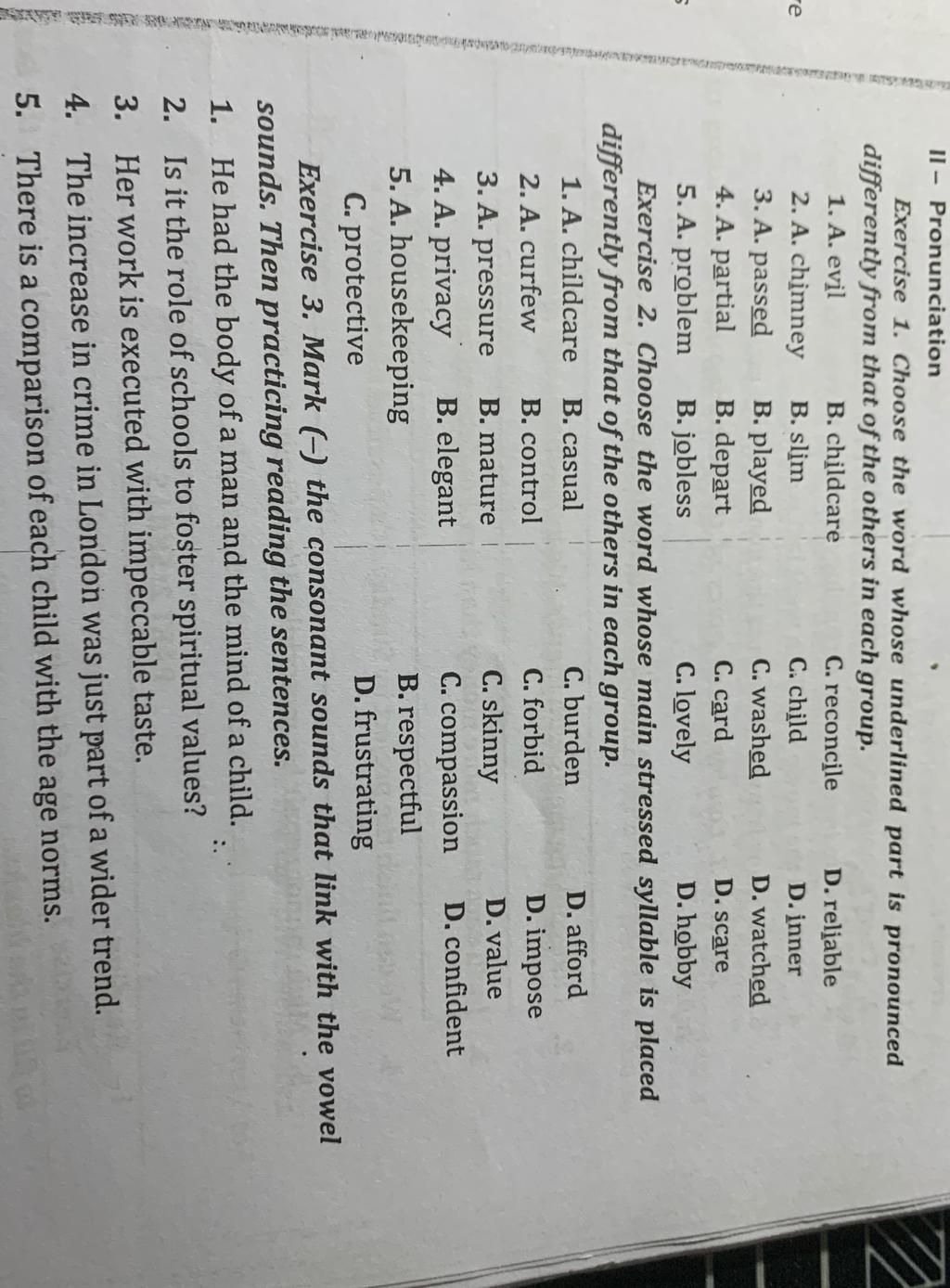 e II- Pronunciation Exercise 1. Choose the word whose underlined part is pronounced differently ...