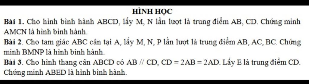 HÌNH HỌC Bài 1. Cho hình bình hành ABCD, lấy M, N lần lượt là trung ...