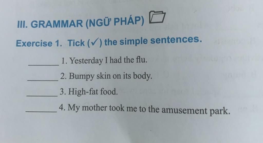 III. GRAMMAR (NGỮ PHÁP) Exercise 1. Tick ( ) the simple sentences. 1 ...