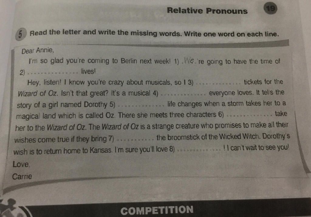 Relative Pronouns 19 Read the letter and write the missing words. Write one word on each line ...