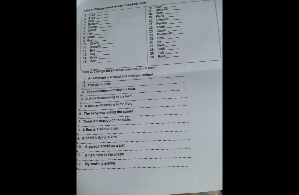 Task 1: Change these words into plural form 1. Chair 2. Rose 3. Dish 4 ...