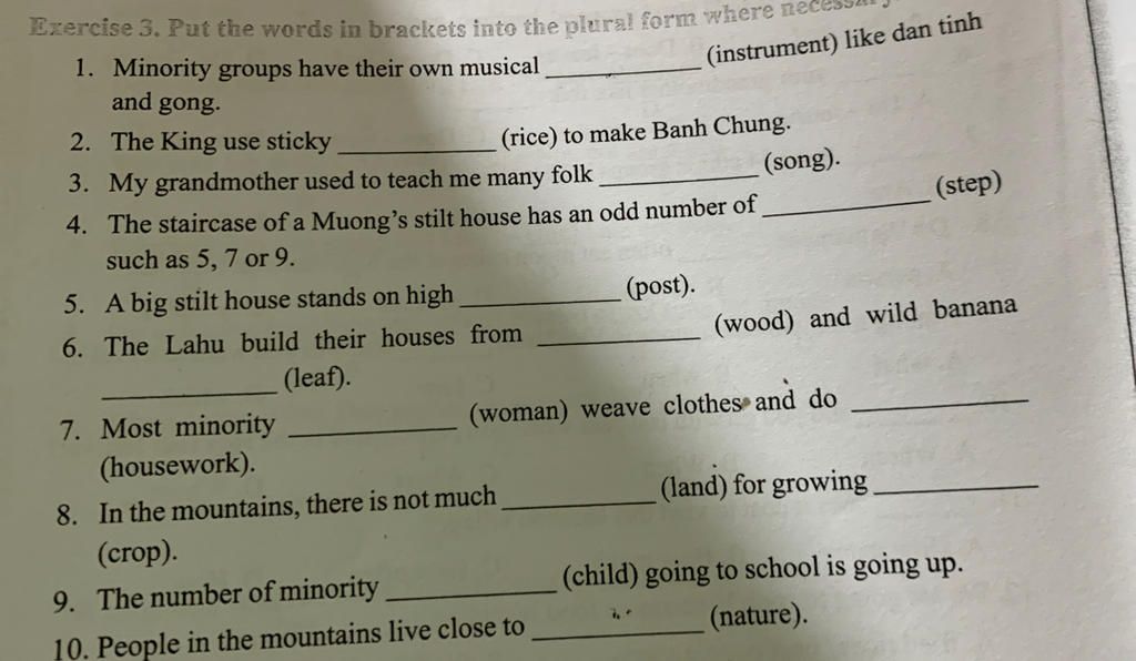 Exercise 3. Put the words in brackets into the plural form where ne 1 ...