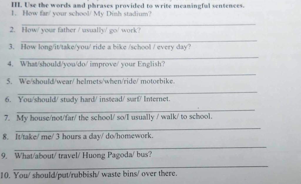 III. Use the words and phrases provided to write meaningful sentences ...