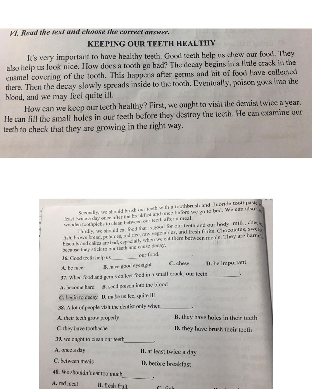 VI. Read the text and choose the correct answer. KEEPING OUR TEETH ...