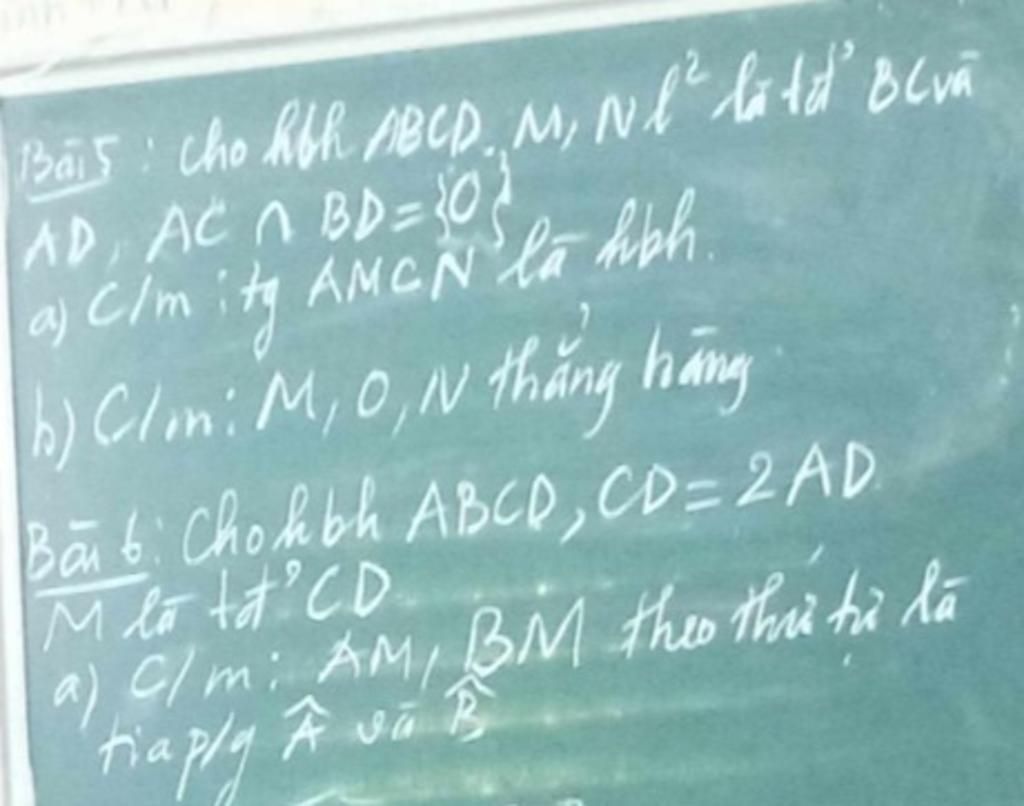 Bai5 cho Ribh. ABCD, M, Nl² la tot' Blva AD, AC A BD={0} a) Cimity AMCN ...