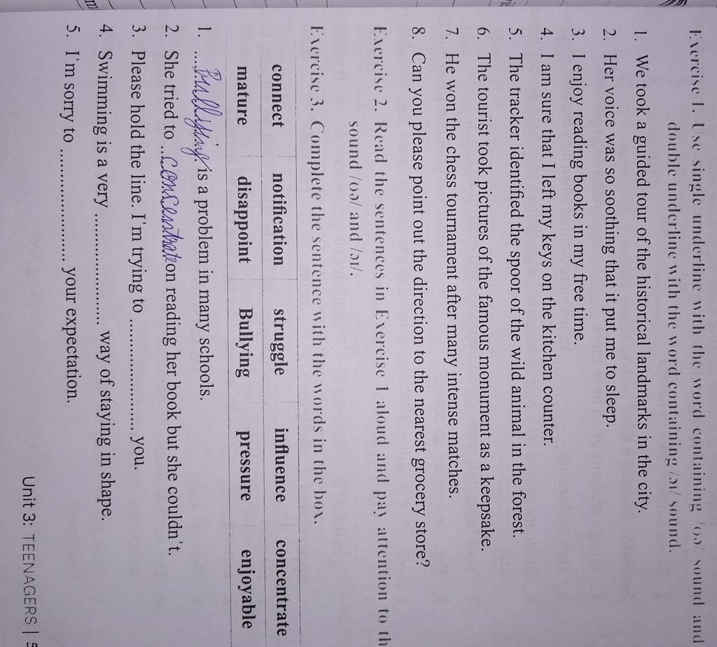 Exercise 1. Use single underline with the word containing /03/ sound ...