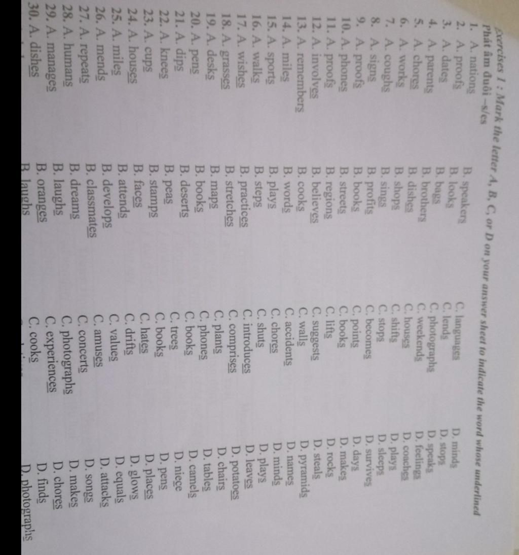 Exercises 1: Mark the letter A, B, C, or D on your answer sheet to ...