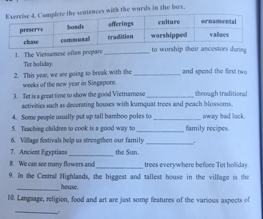 Exercise 4. Complete the sentences with the words in the box. bonds ...