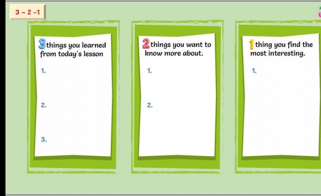 3-2-1 things you learned from today's lesson 1. 2. 3. 2 things you want ...