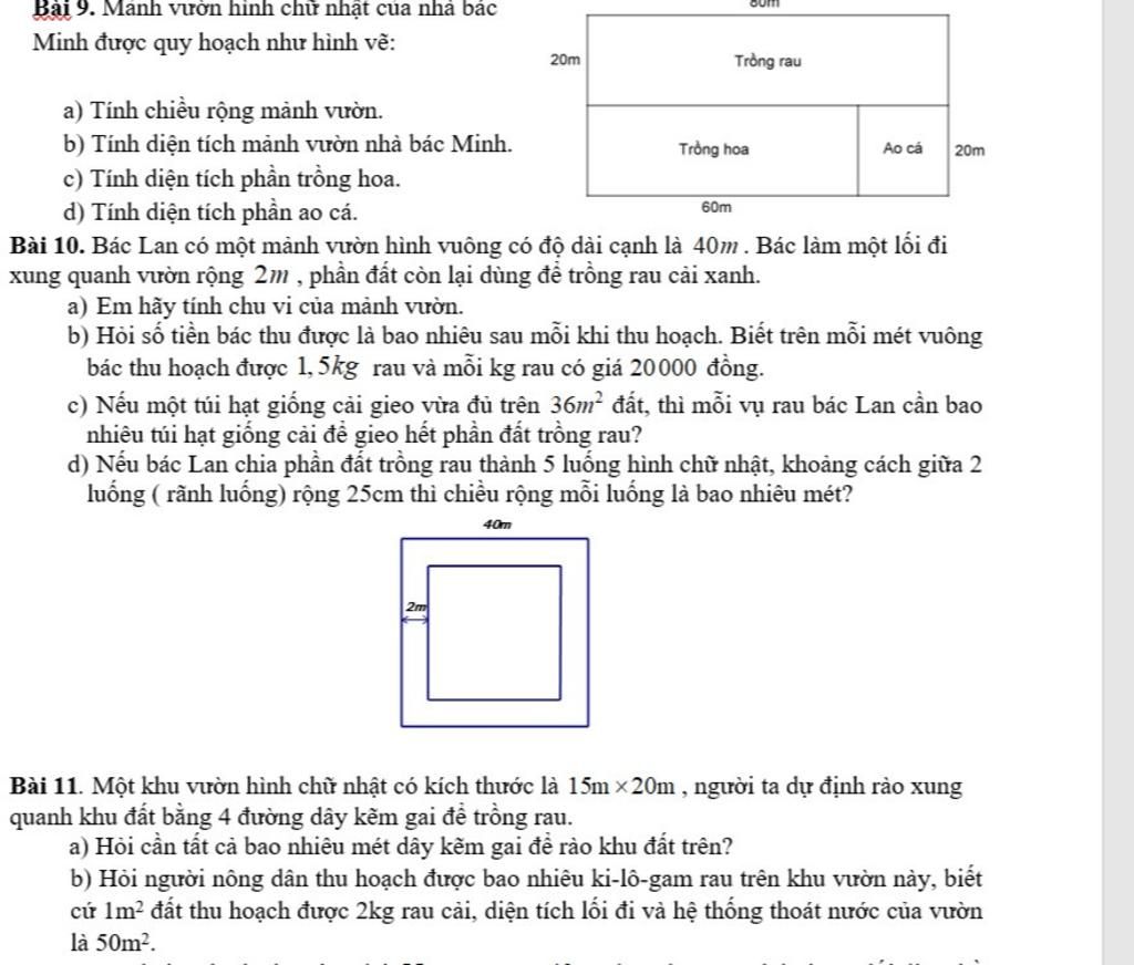 Bài 9 Mãnh Vườn Hình Chữ Nhật Của Nhà Bác Minh được Quy Hoạch Như Hình Vẽ A Tính Chiều Rộng