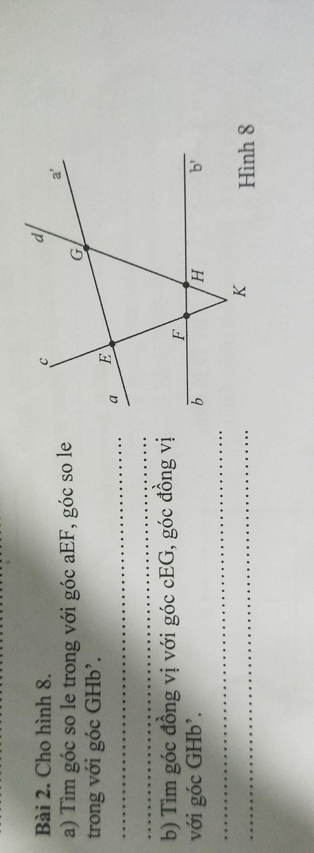 Bài 2. Cho hình 8. a) Tìm góc so le trong với góc aEF, góc so le trong ...