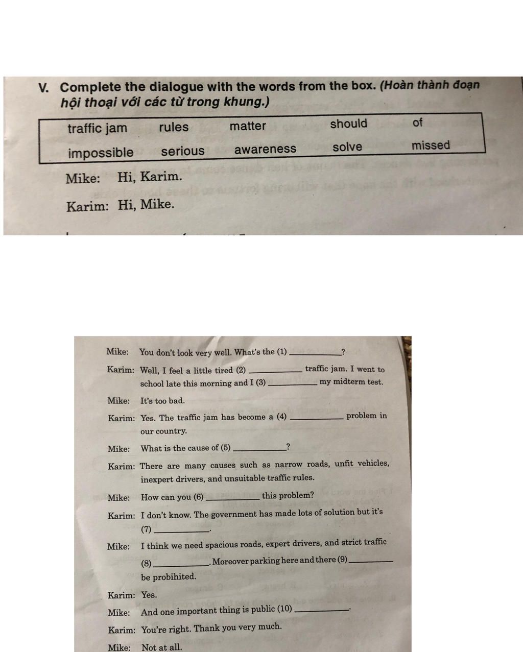 V. Complete the dialogue with the words from the box. (Hoàn thành đoạn ...