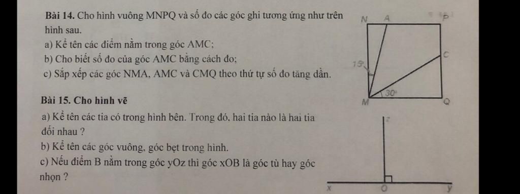 Bài 14. Cho hình vuông MNPQ và số đo các góc ghi tương ứng như trên ...