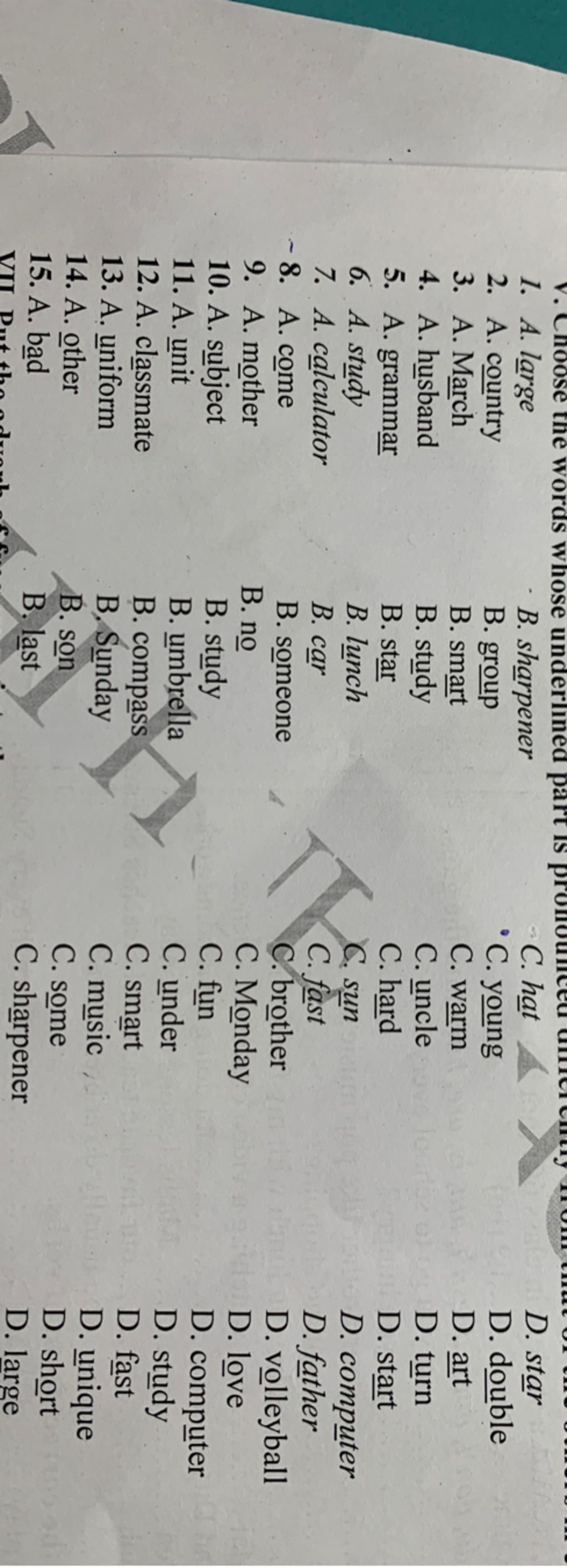böse the words whose underlined part B. sharpener B. group V. 1. A ...