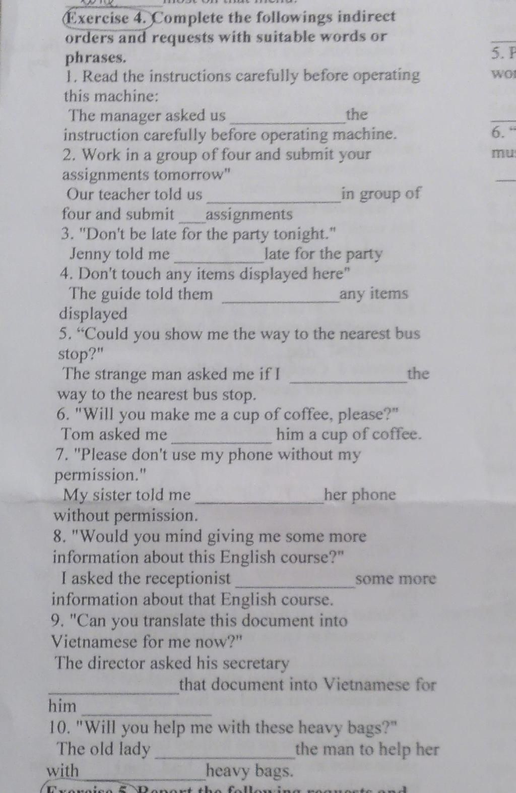 Exercise 4. Complete the followings indirect orders and requests with ...