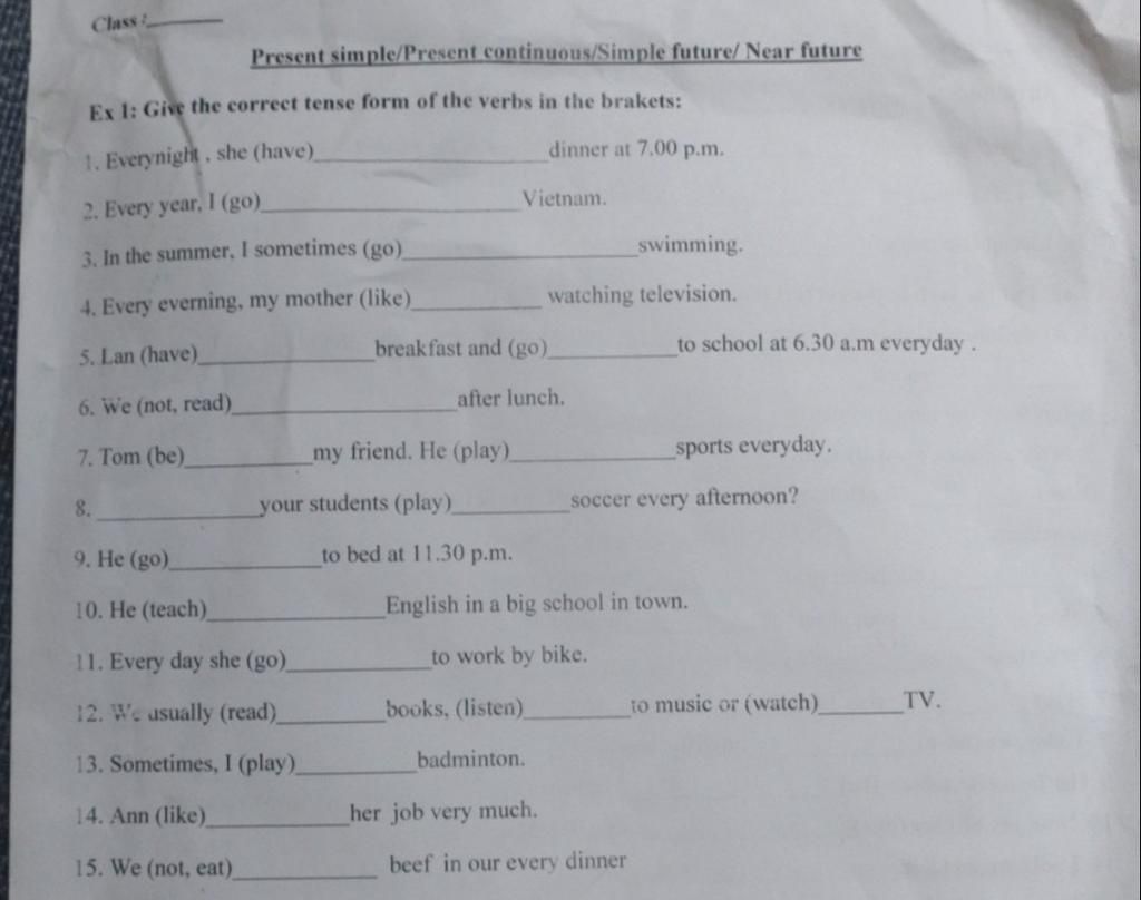 Class: Present simple/Present continuous/Simple future/ Near future Ex ...