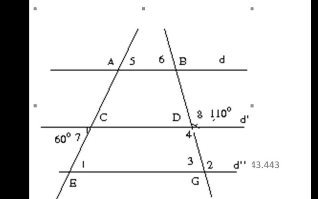 Cho hình vẽ d // d // d. C7 = 60 độ; D8 = 110 độ. Tính: E1, G2, G3, D4 ...