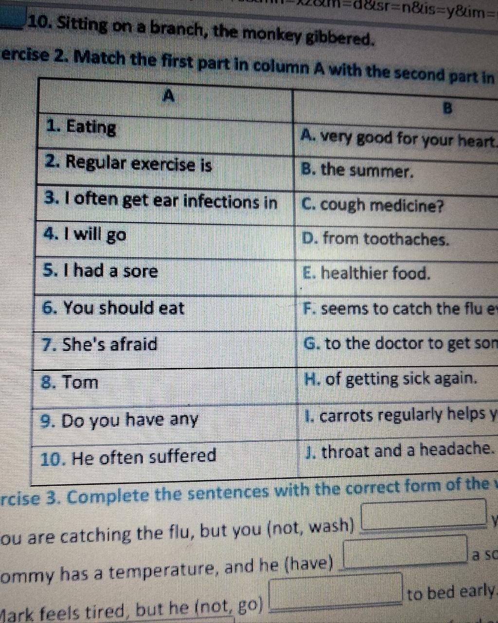10. Sitting on a branch, the monkey gibbered. ercise 2. Match the first part in column A with ...