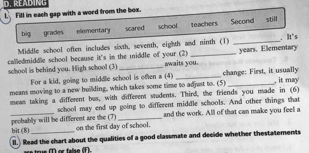 D. READING Fill in each gap with a word from the box. scared school teachers big grades ...