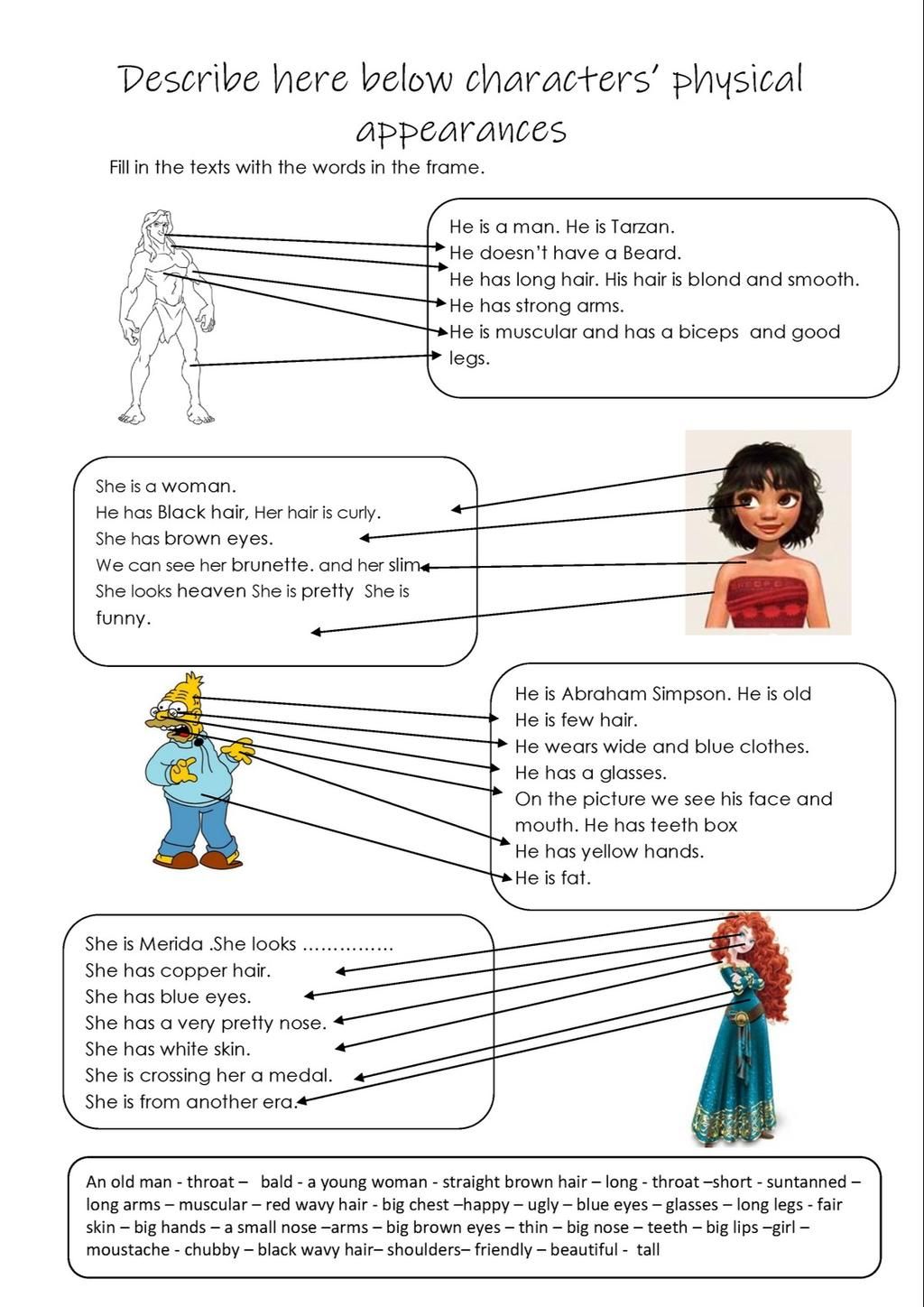 Describe here below characters' physical appearances Fill in the texts ...