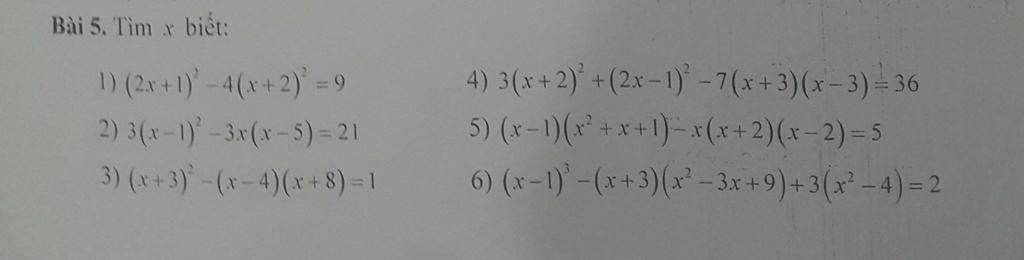 = 9 1) (2x+1) - 4(x+2) = 2) 3(x-1)²-3x(x-5) = 21 3) (x+3)(x-4) (x + 8) = 1 4) 3(x+2) + (2x-1)-7 ...