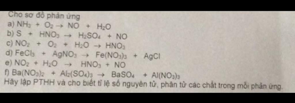 Cho sơ đồ phản ứng a) NH3 + O₂ → NO + H₂O b) S + HNO₂ → H₂SO4 + NO c ...