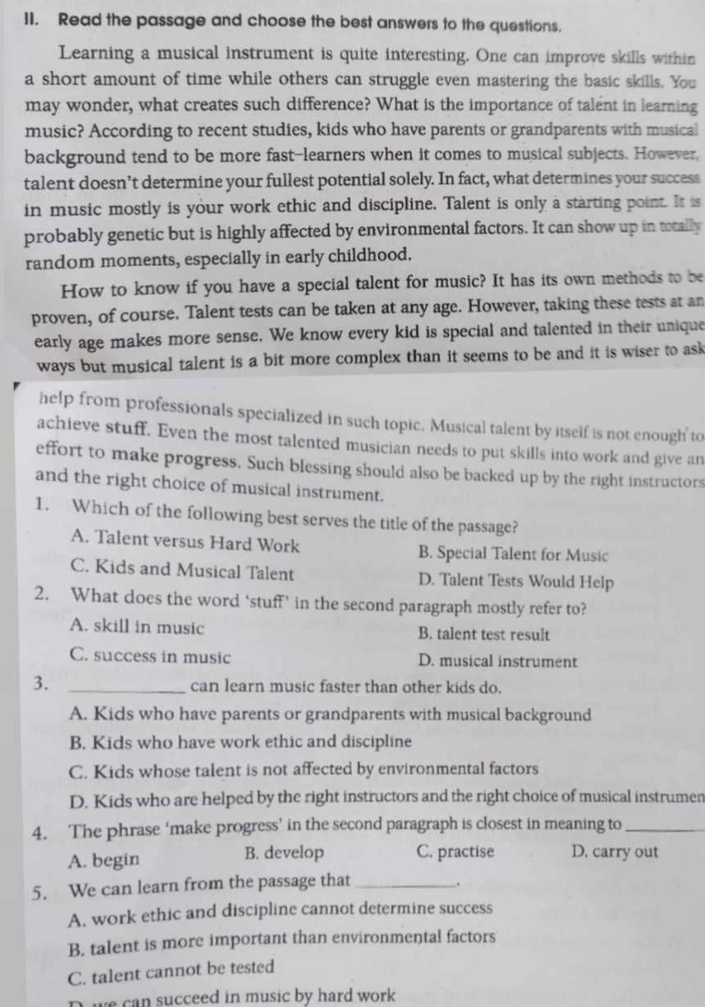 II. Read the passage and choose the best answers to the questions ...