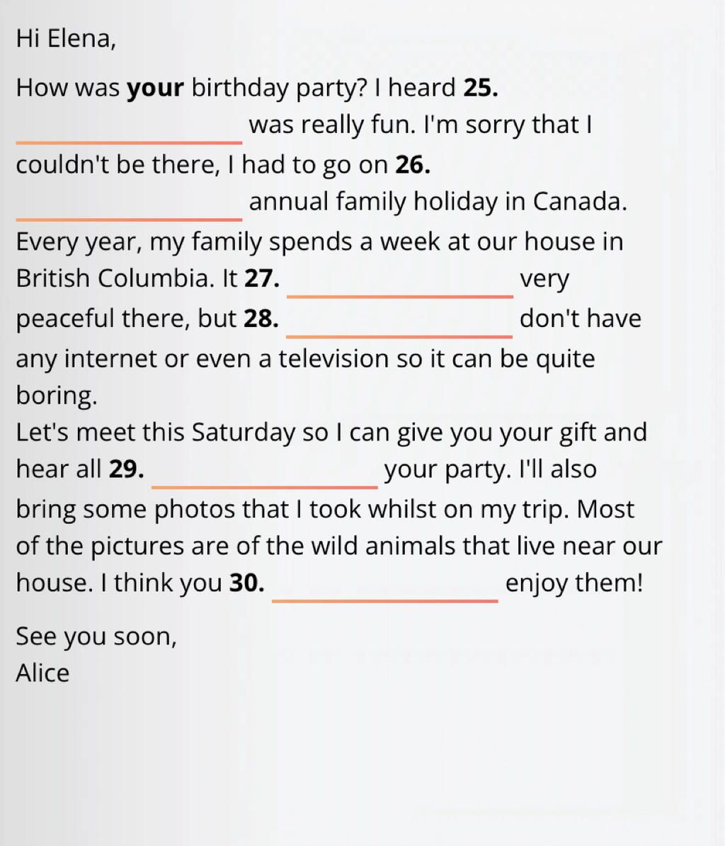 Hi Elena, How was your birthday party? I heard 25. was really fun. I'm ...