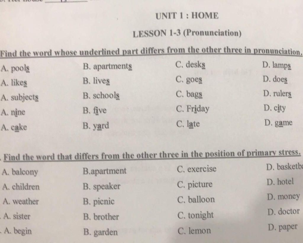 UNIT 1: HOME LESSON 1-3 (Pronunciation) Find the word whose underlined part differs from the ...