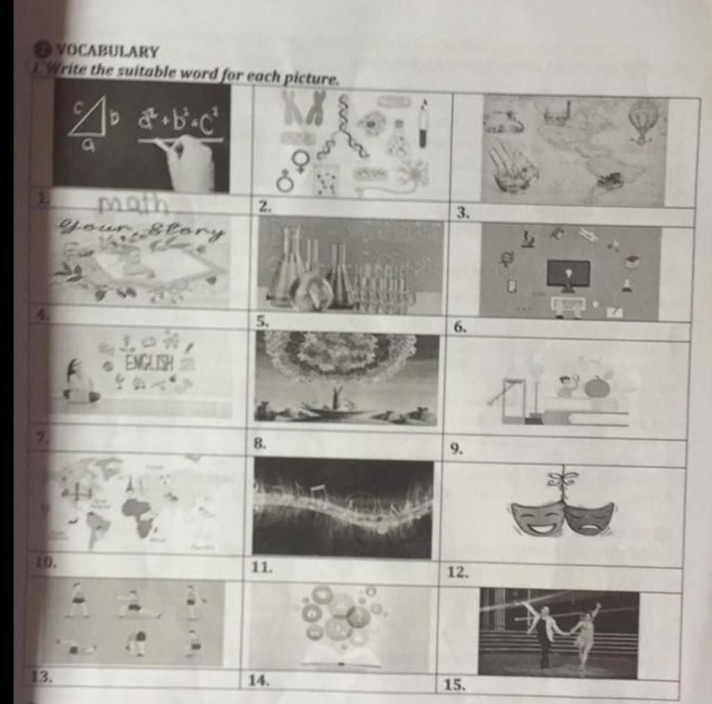 VOCABULARY Write the suitable word for each picture. 4° ² + b²c² 1 4 ...