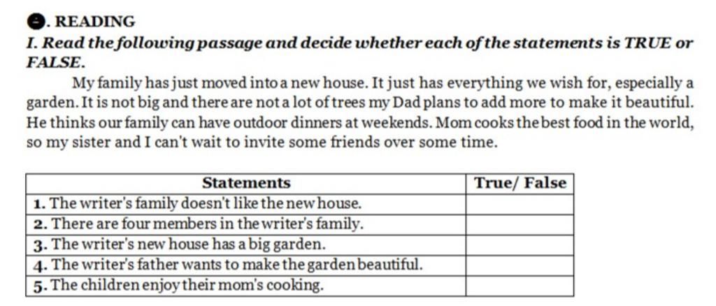 READING I. Read the following passage and decide whether each of the ...