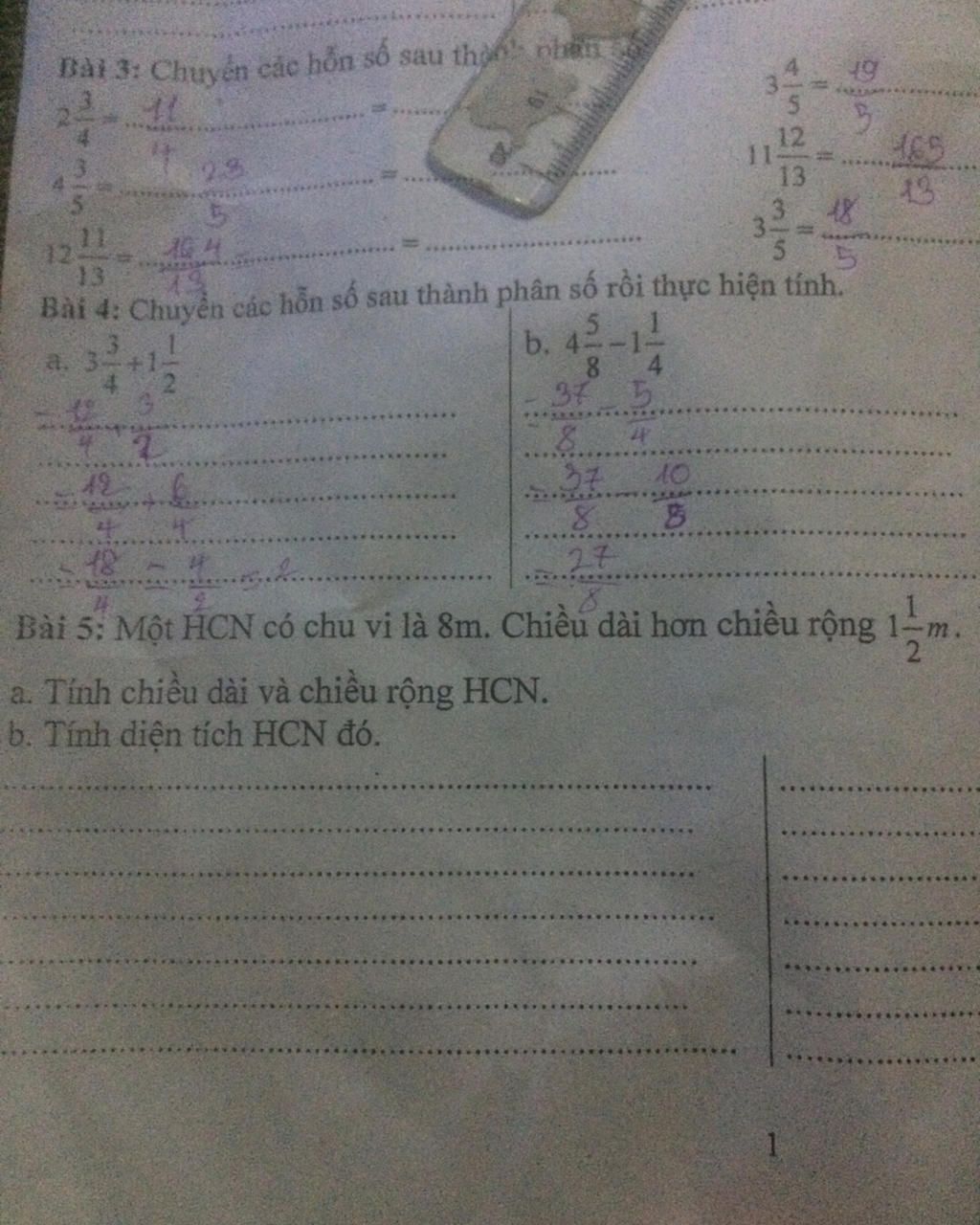 Một HCN có chu vi là 8m. Chiều dài hơn chiều rộng 1 1/2 m. A. Tính ...
