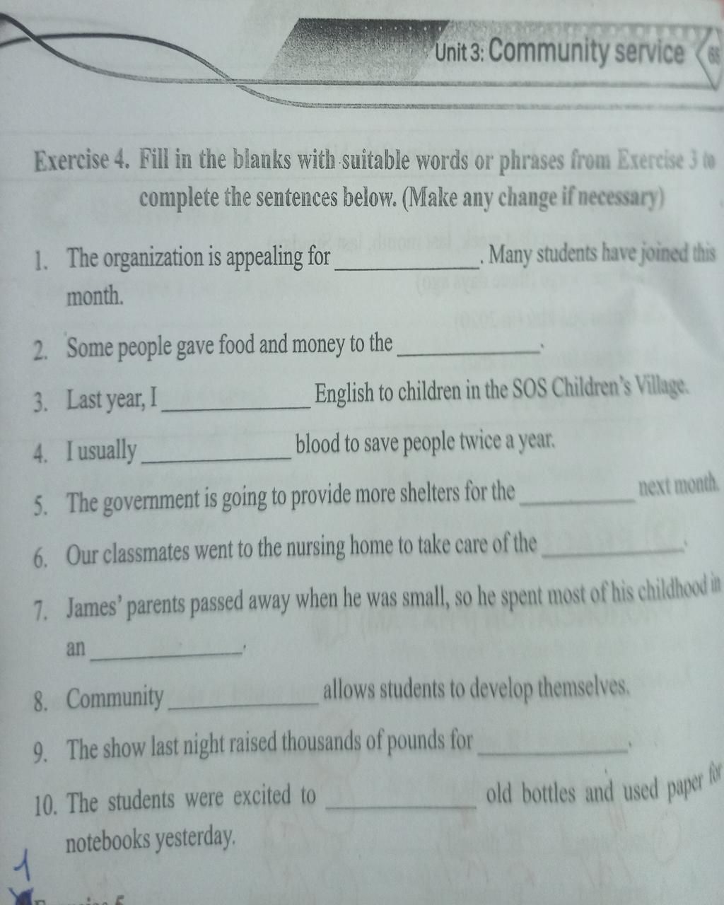 Unit 3: Community service Exercise 4. Fill in the blanks with suitable ...