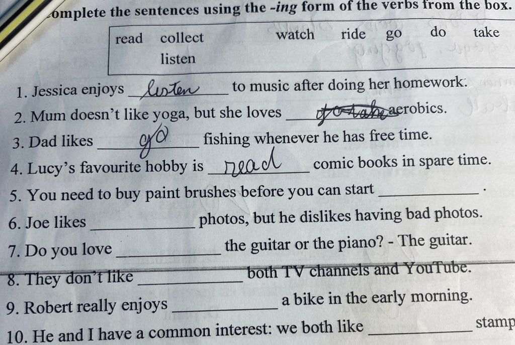 omplete the sentences using the -ing form of the verbs from the box ...