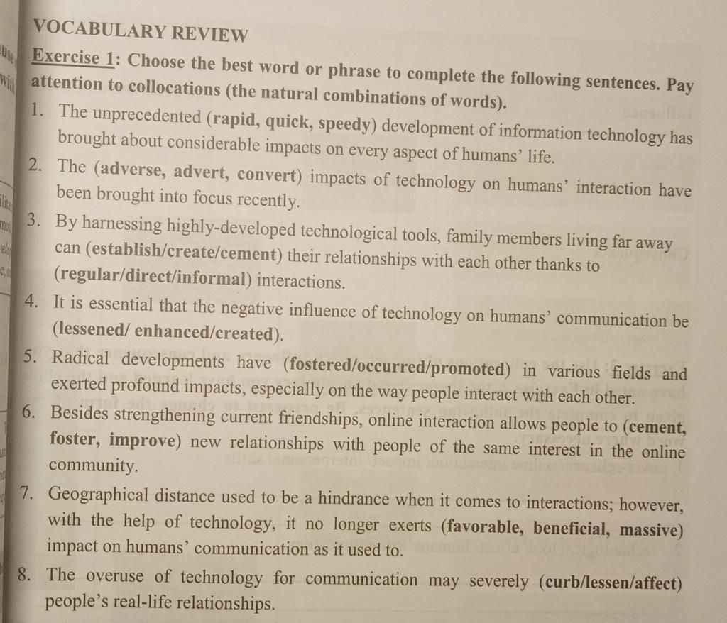 VOCABULARY REVIEW Exercise 1: Choose the best word or phrase to complete the following sentences ...