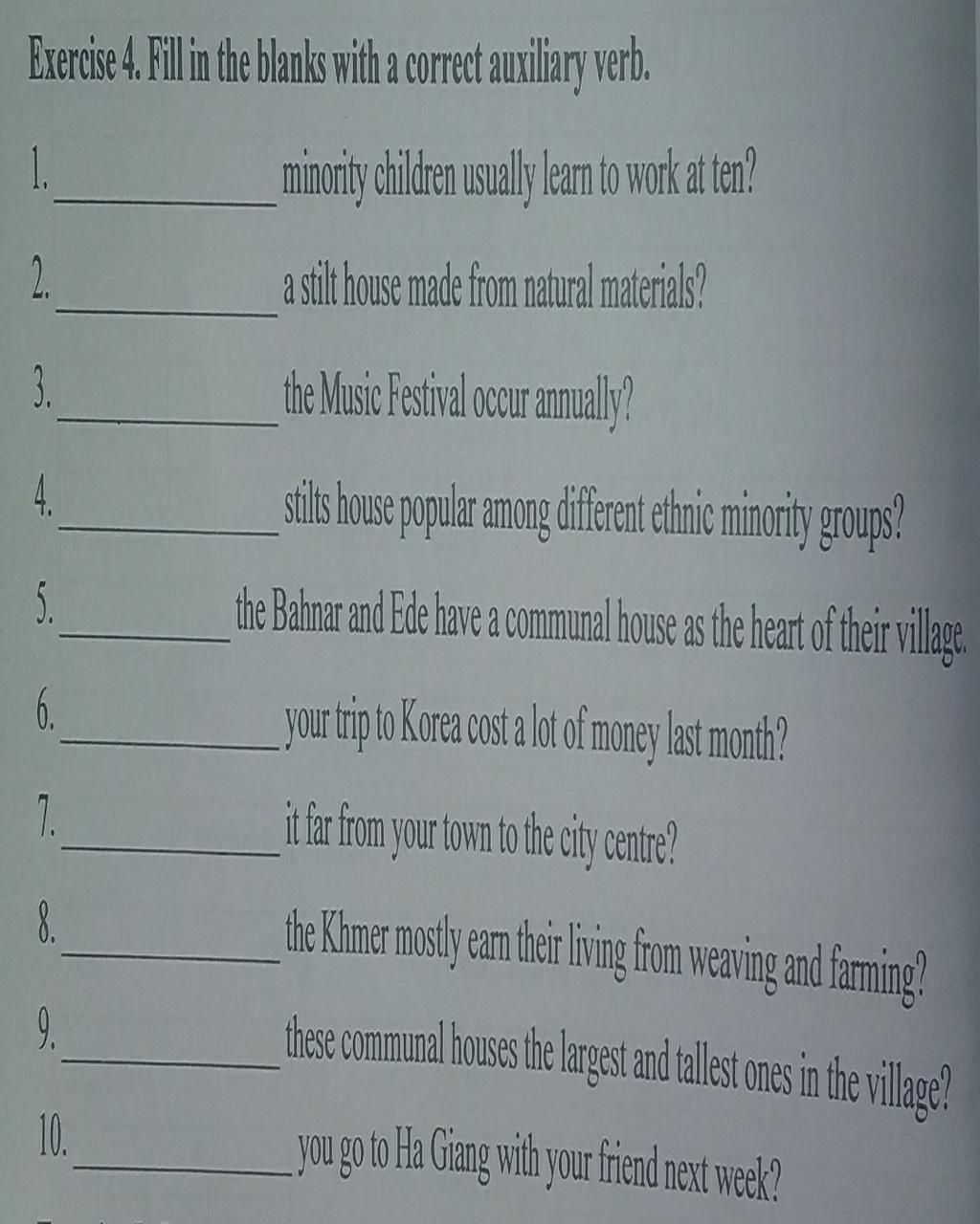 Exercise 4. Fill in the blanks with a correct auxiliary verb. 1. 2. 3 ...