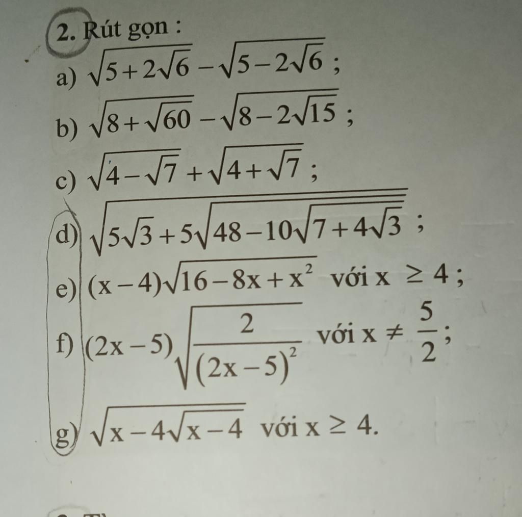 2. Rút gọn : a) √5+2√6-√√5-2√6: b) √8+√60-√√8-2√15; c) √4-√7 + √√4+√7 ...
