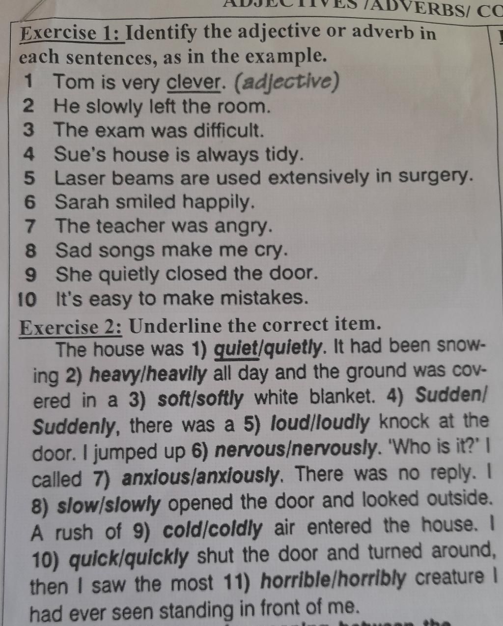 Exercise 1: Identify the adjective or adverb in each sentences, as in ...