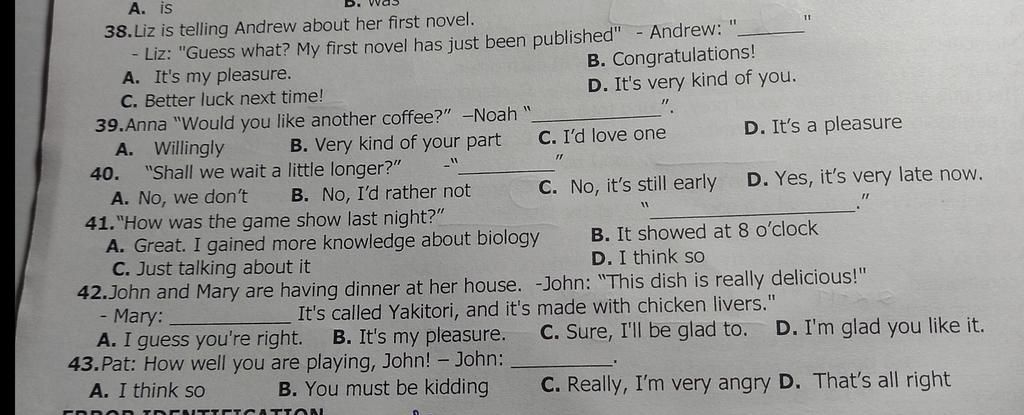 A. is 38.Liz is telling Andrew about her first novel. - Liz: "Guess ...