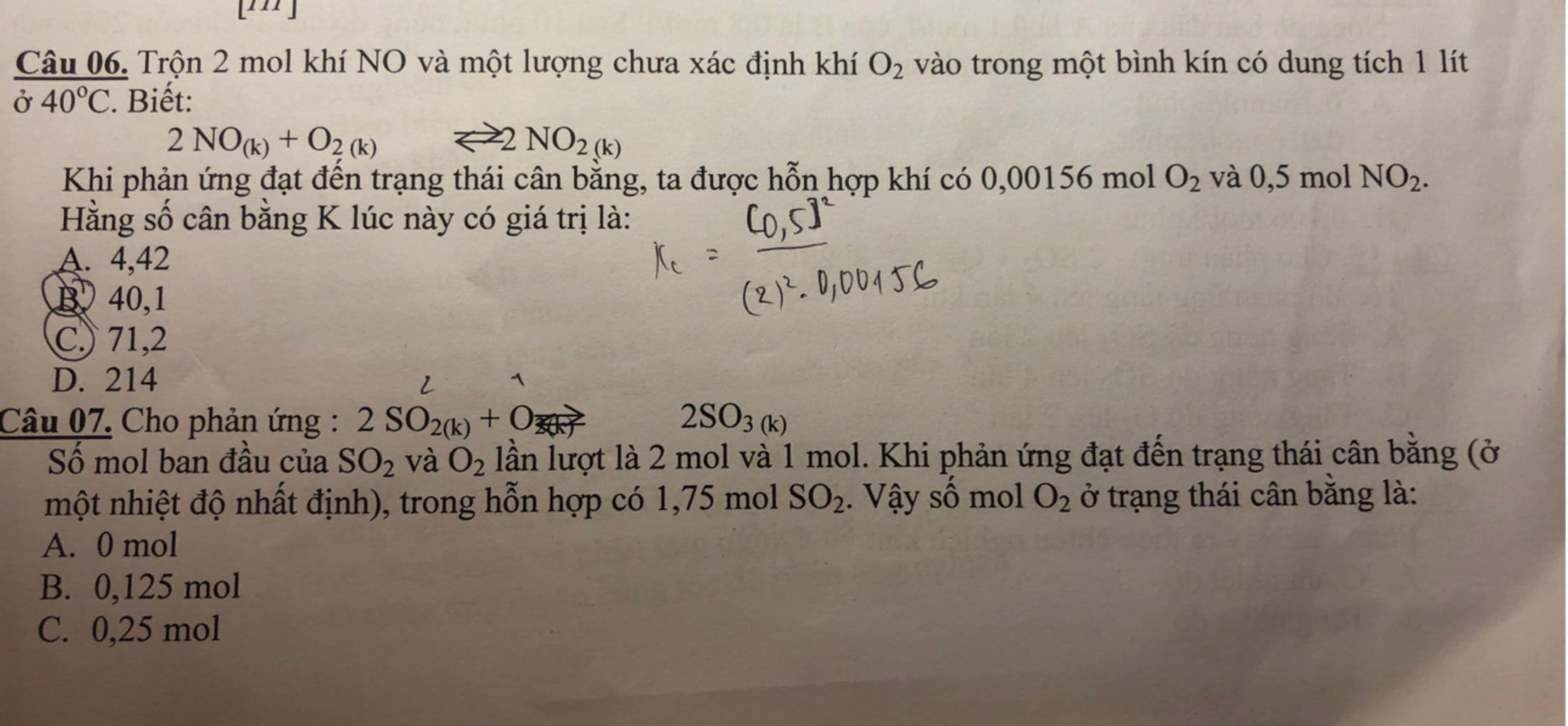 Câu 06. Trộn 2 mol khí NO và một lượng chưa xác định khí O2 vào trong ...
