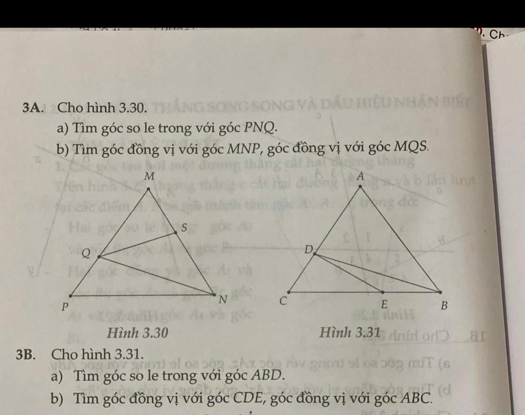 3A. Cho hình 3.30. P a) Tìm góc so le trong với góc PNQ b) Tìm góc đồng ...