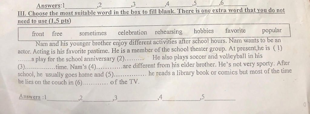 Answers: 1 III. Choose the most suitable word in the box to fill blank. There is one extra word ...